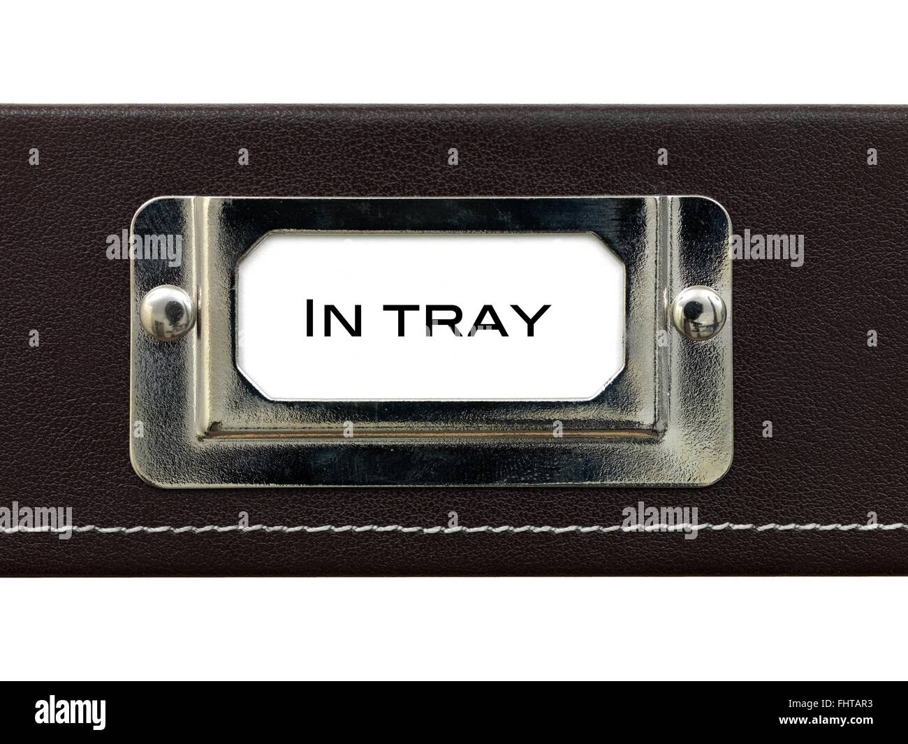 An office tray label on a leather tray Stock Photo - Alamy