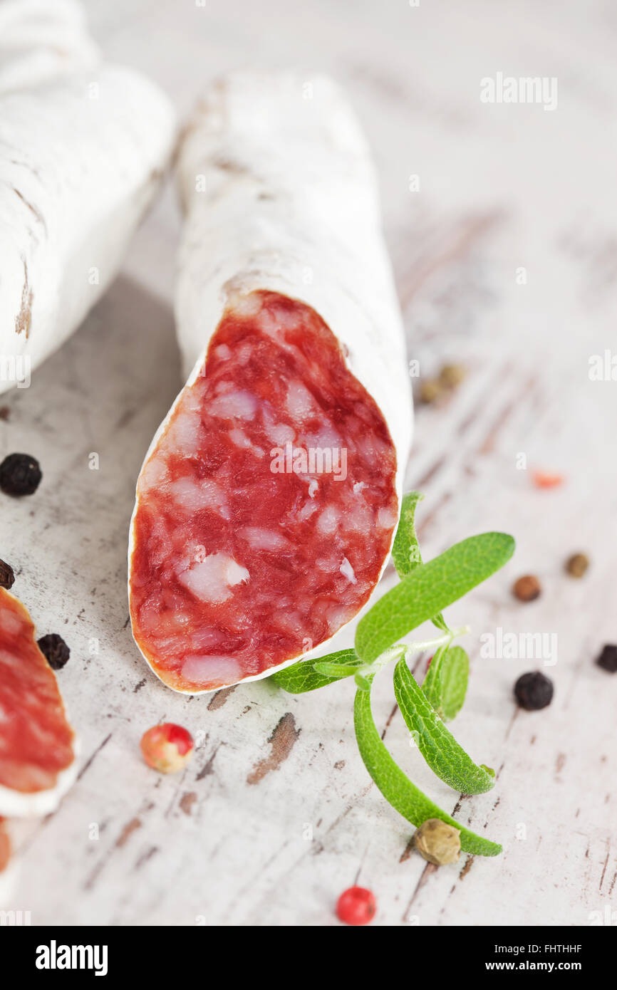 Fuet, traditional spanish sausage background Stock Photo - Alamy