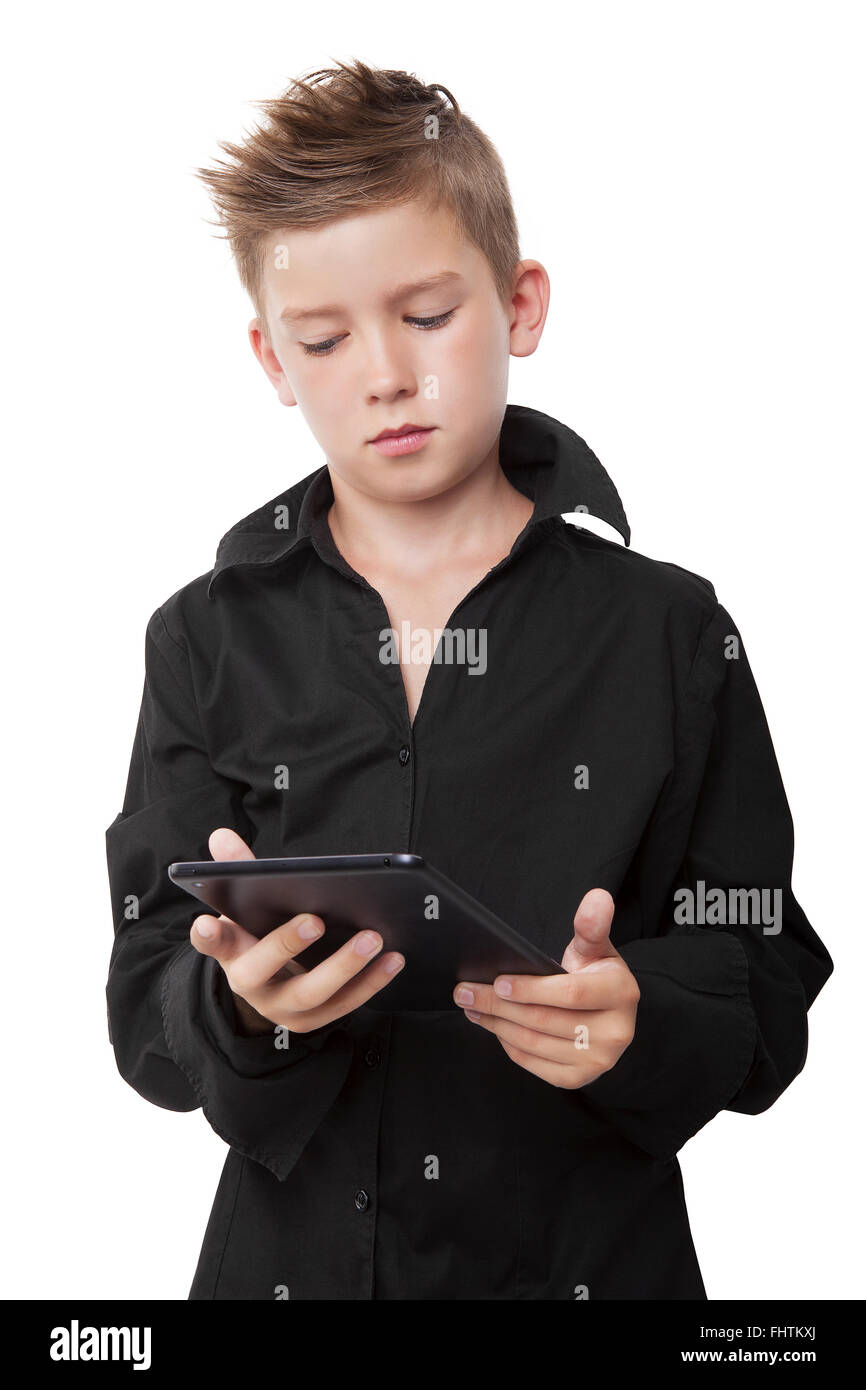 Boy holding black tablet Stock Photo - Alamy