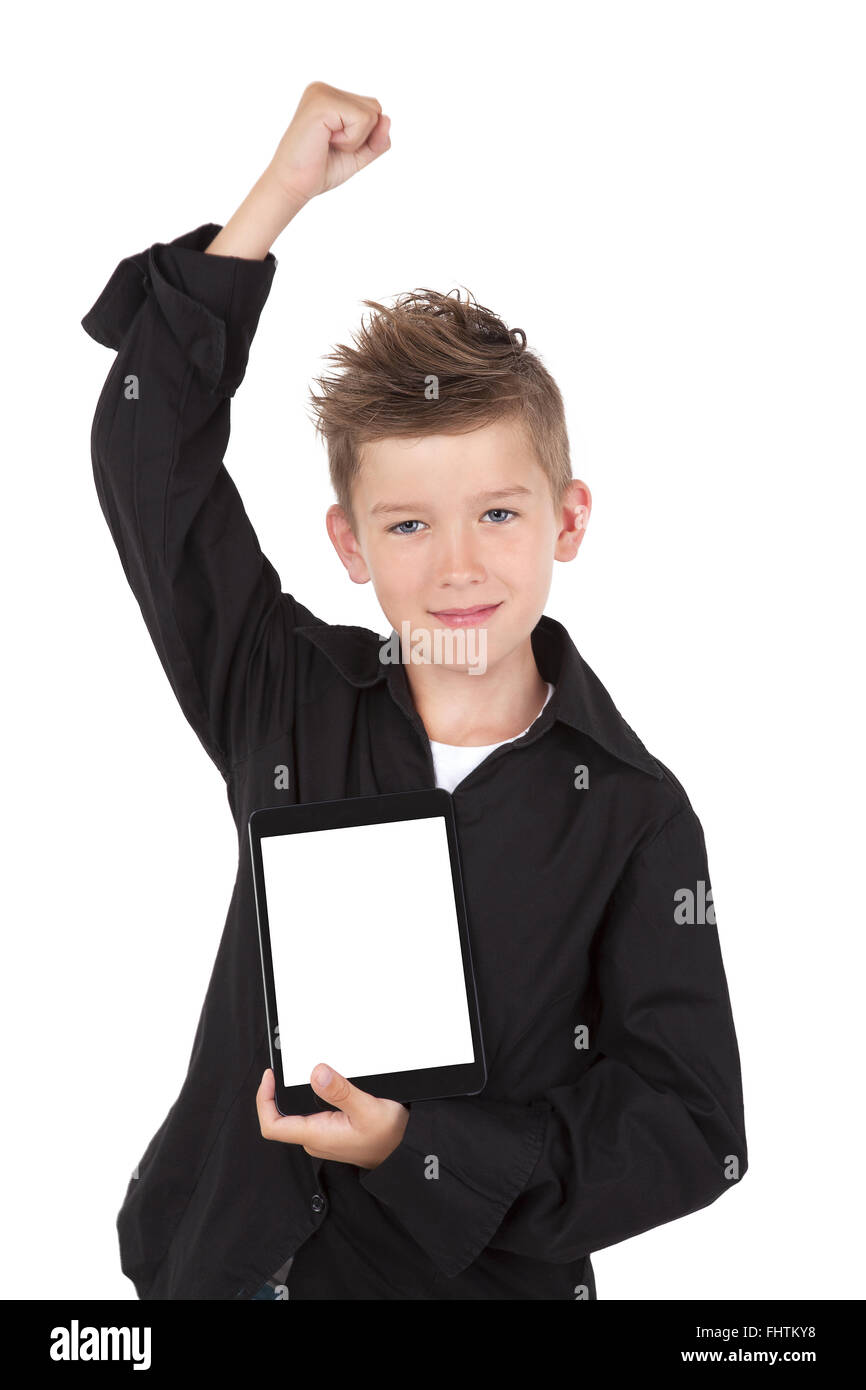 Boy holding tablet isolated on white Stock Photo - Alamy