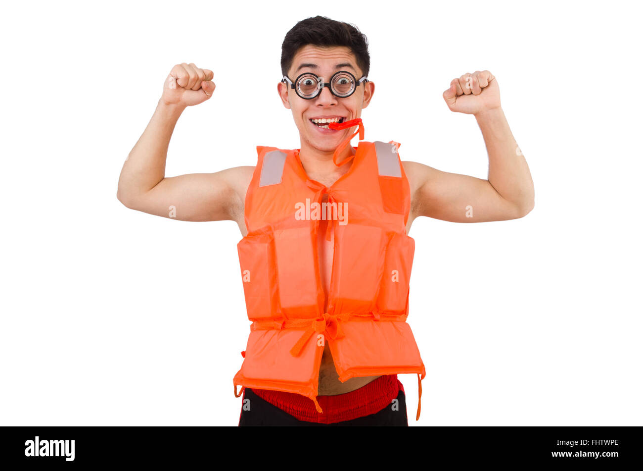 Funny man wearing orange safety vest Stock Photo - Alamy