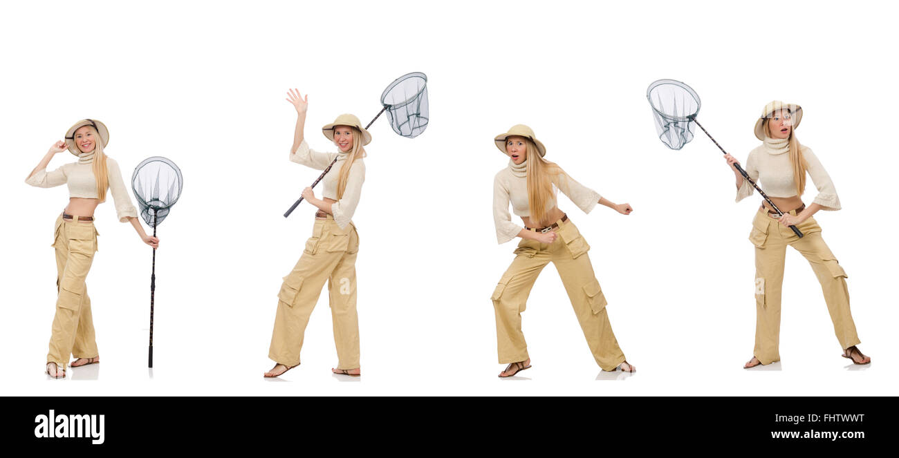Woman with catching net on white Stock Photo - Alamy