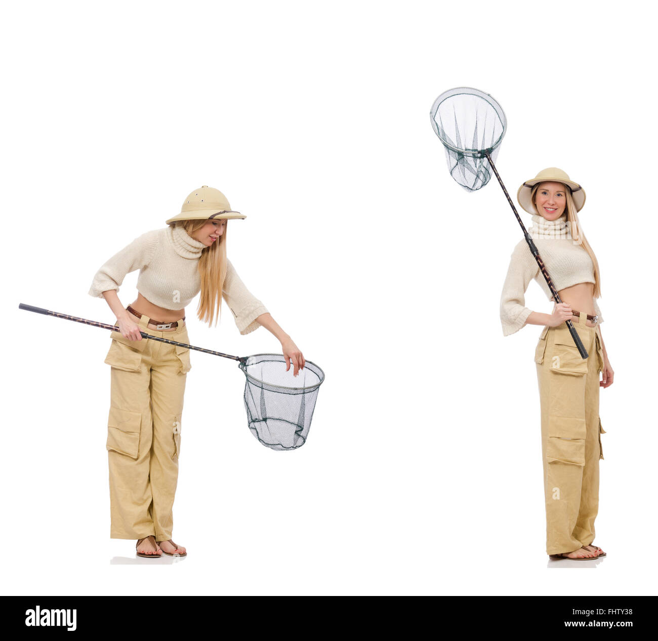 Woman with catching net on white Stock Photo - Alamy