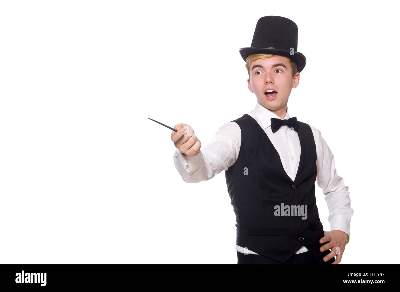 Magician with magic stick isolated on white Stock Photo - Alamy