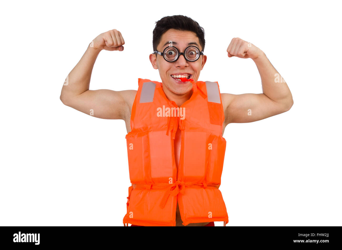 Funny man wearing orange safety vest Stock Photo - Alamy