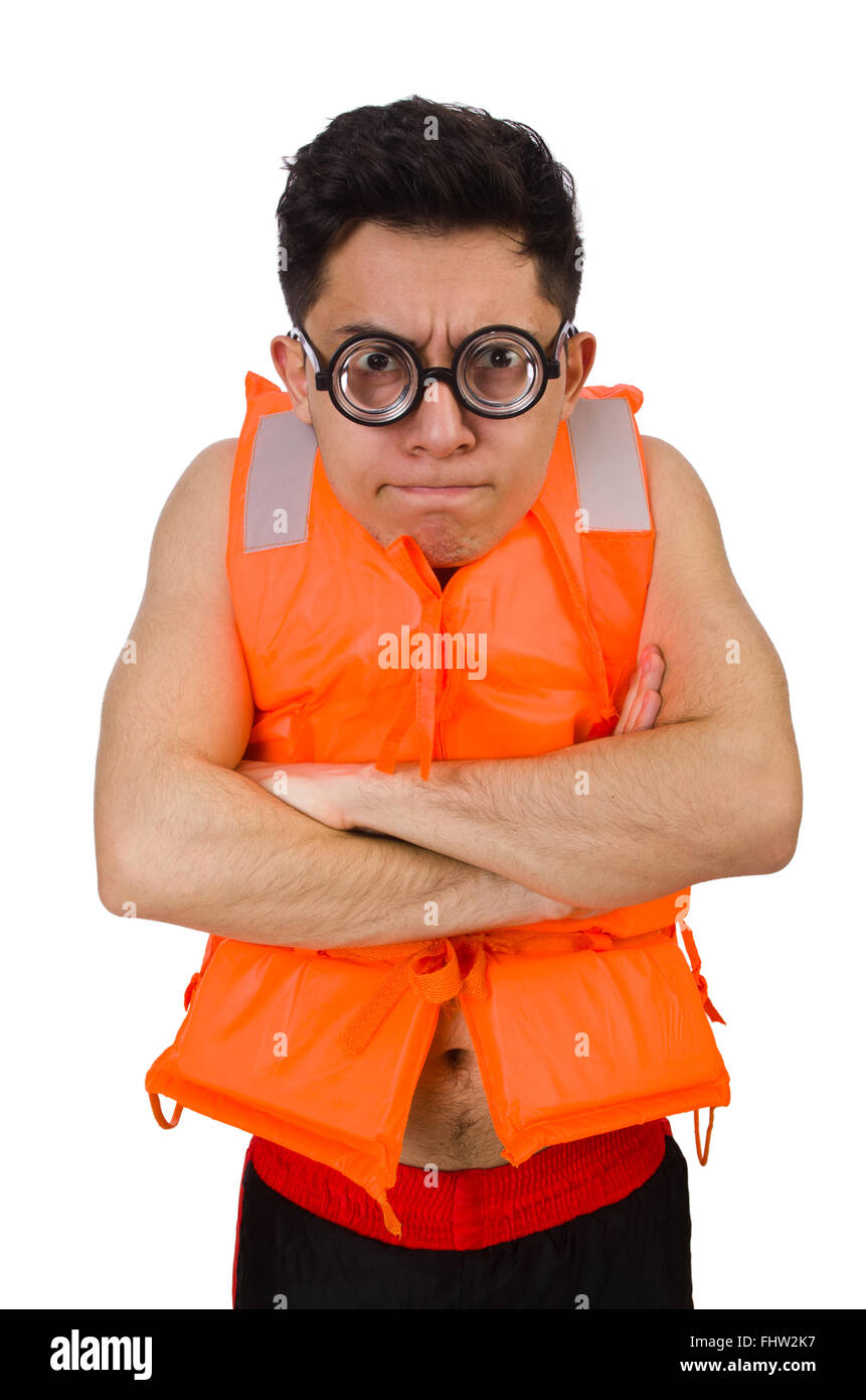 Funny man wearing orange safety vest Stock Photo - Alamy