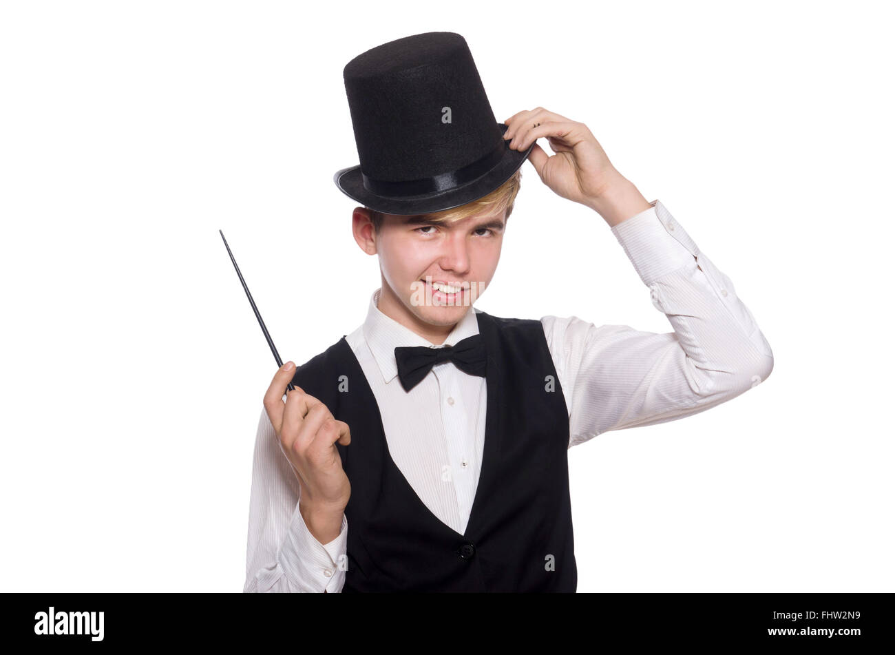 Magician with magic stick isolated on white Stock Photo - Alamy
