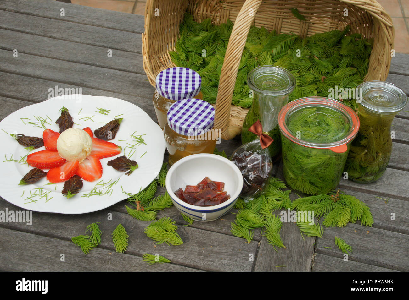 Food and drinks made of spruce-shoots Stock Photo - Alamy