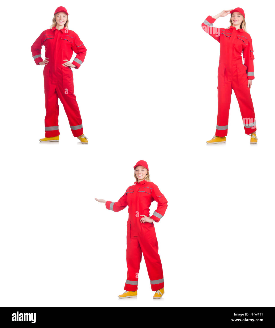 Woman in red overalls isolated on white Stock Photo - Alamy