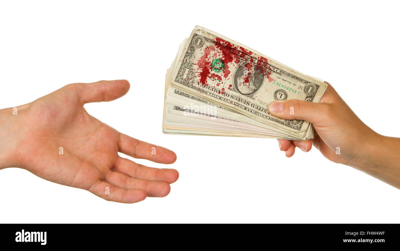 Transfer of money between man and woman, isolated on white, blood Stock ...