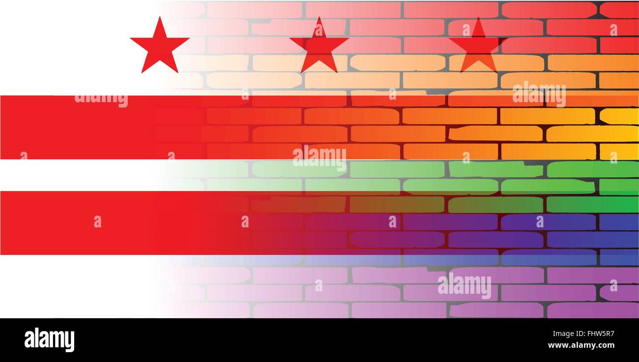 A well worn wall painted with a LGBT rainbow with the Washington DC ...
