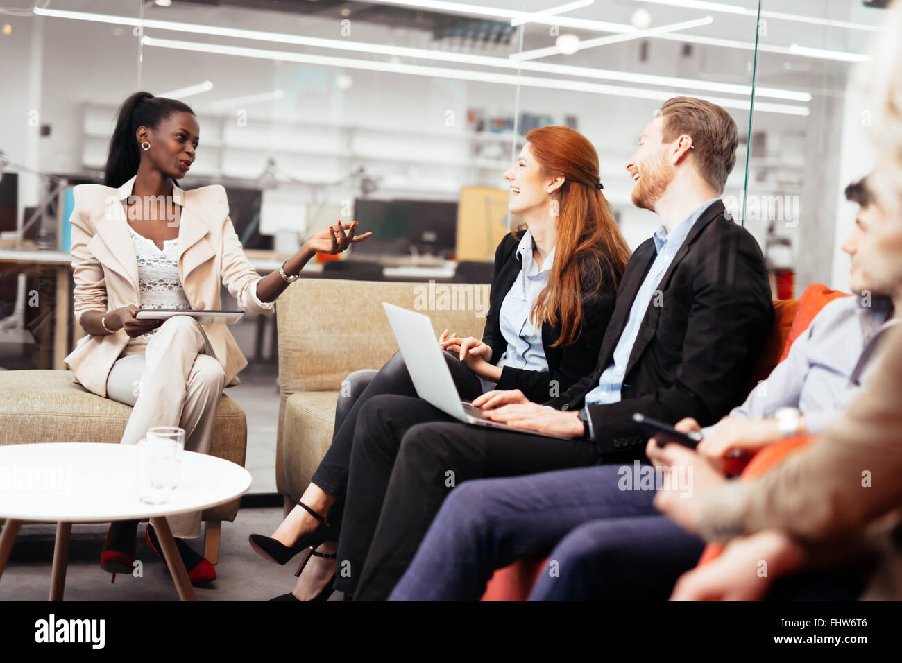 Business people conversation with technology at hand. Exchange of new ...