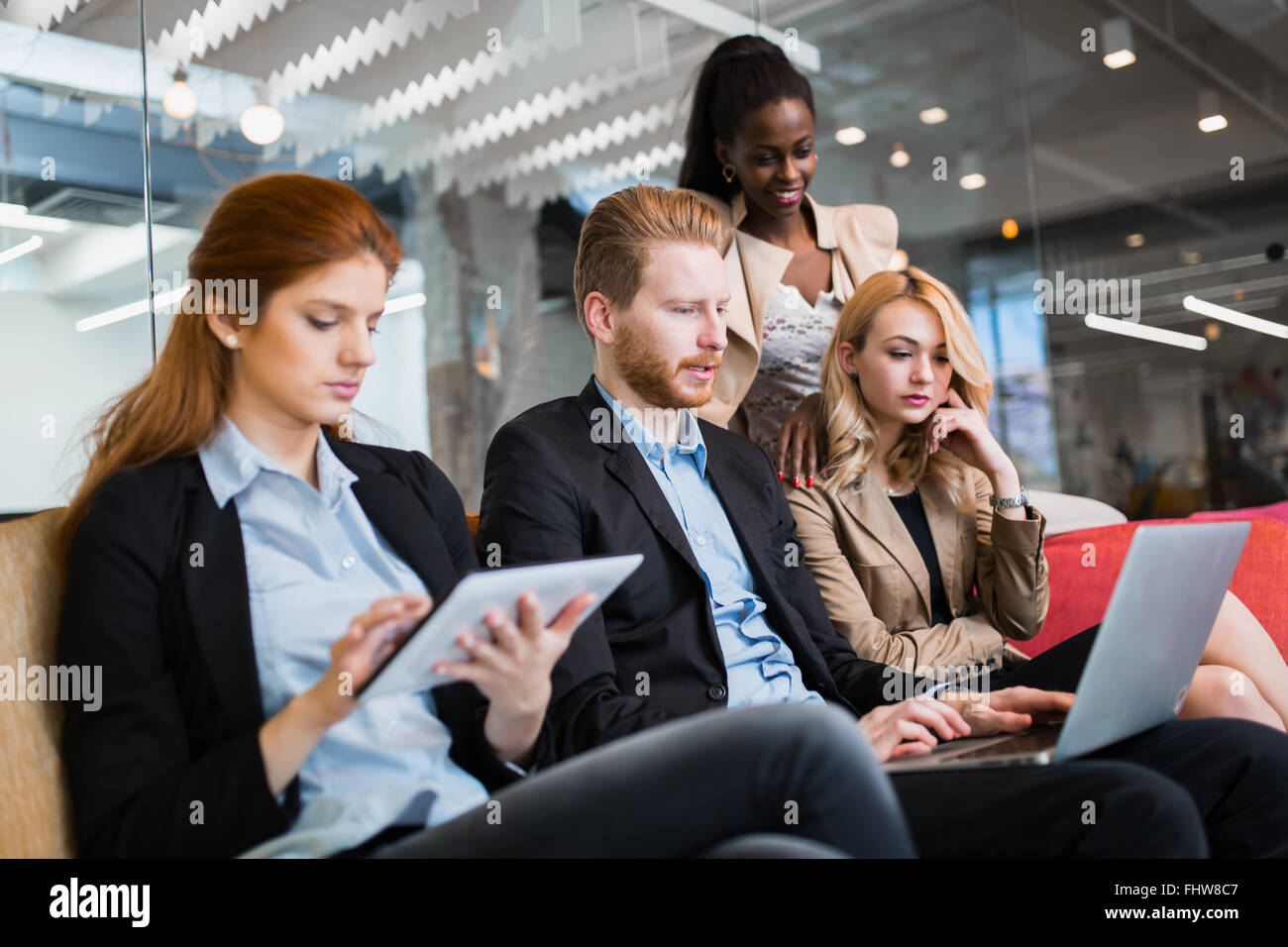 Business people conversation with technology at hand. Exchange of new ...