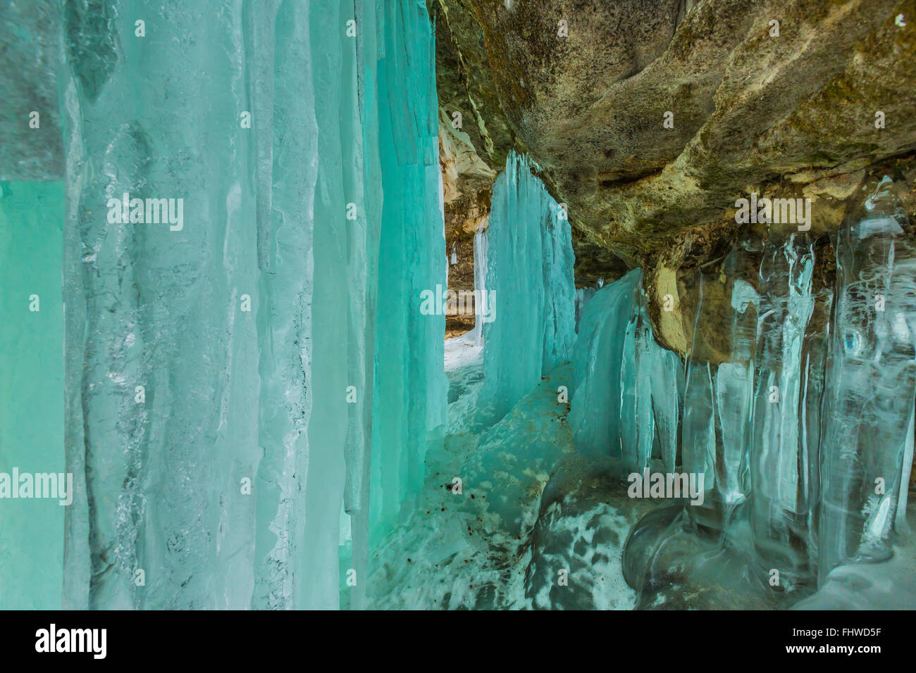 The lovely aquamarine color of ice curtains in Pictured Rocks National ...