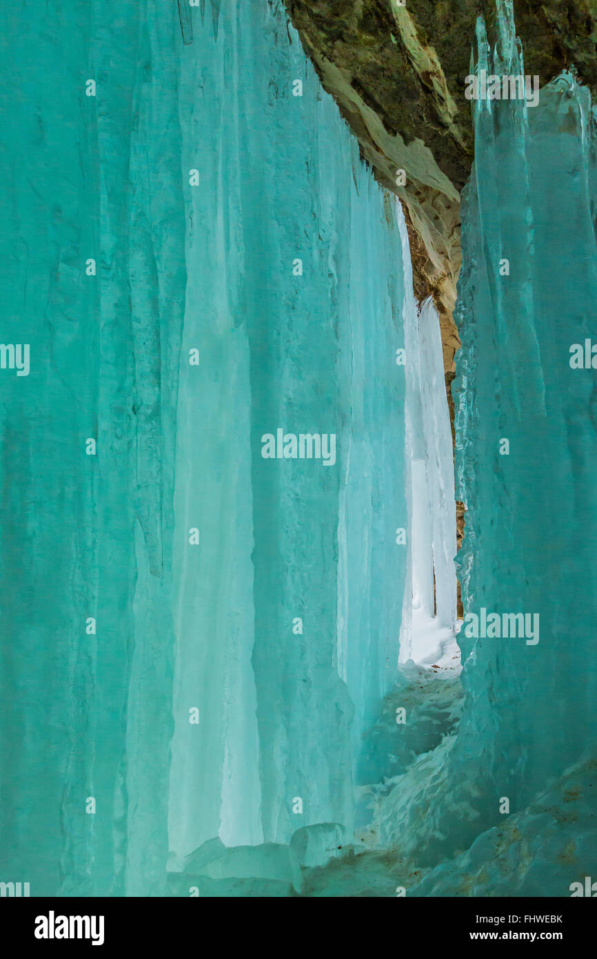 The lovely aquamarine color of ice curtains in Pictured Rocks National ...