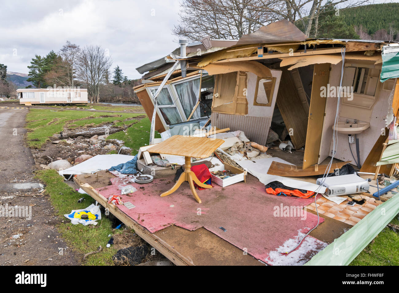 BALLATER ABERDEENSHIRE RIVER DEE FLOOD DAMAGE CARAVAN PARK AND STATIC ...
