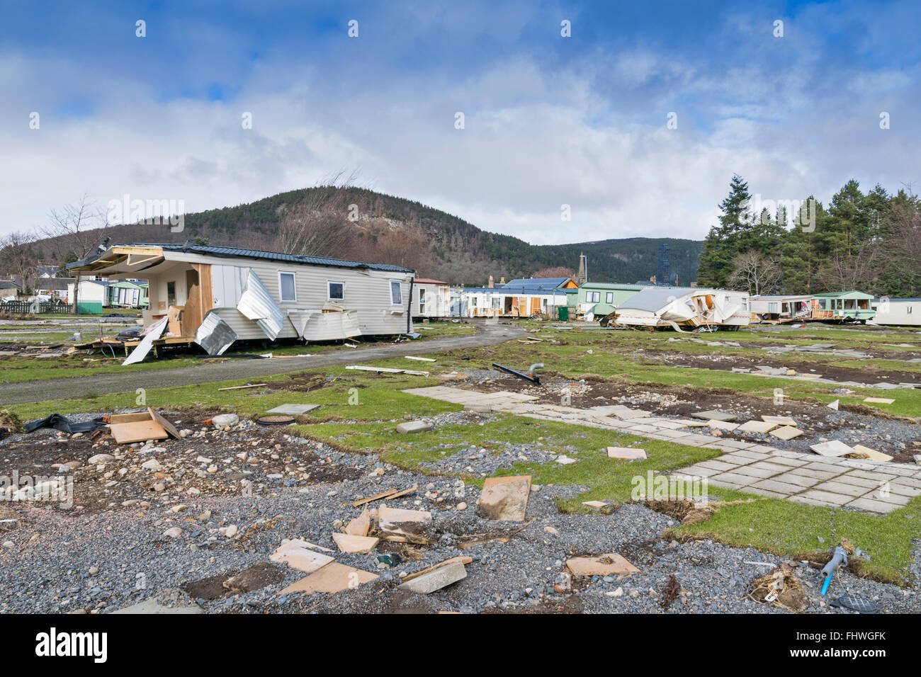 BALLATER ABERDEENSHIRE RIVER DEE FLOOD DAMAGE CARAVAN PARK AND STATIC ...
