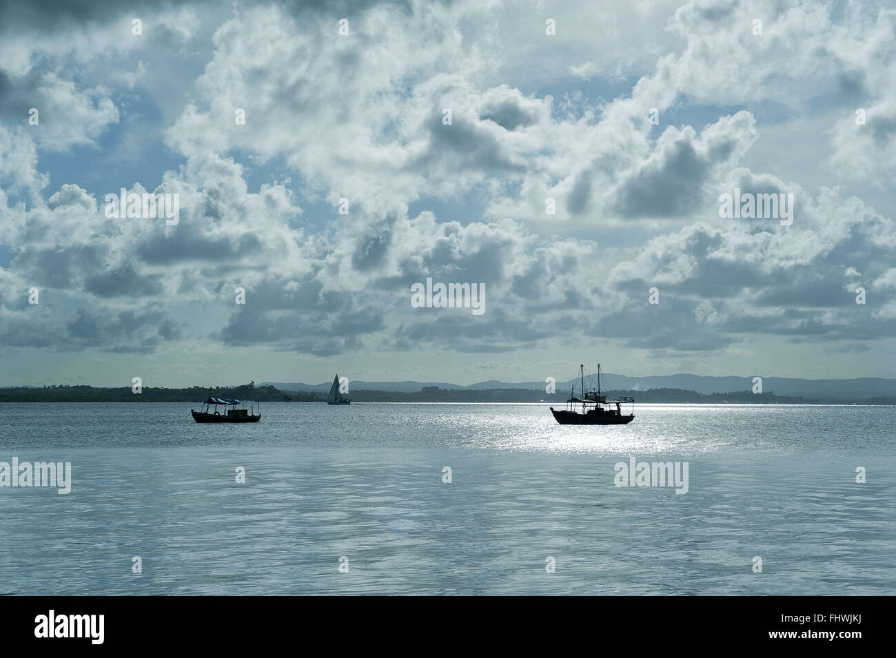 Trawlers and schooner at the bottom of Taipu Beach Inside - Camamu Bay ...