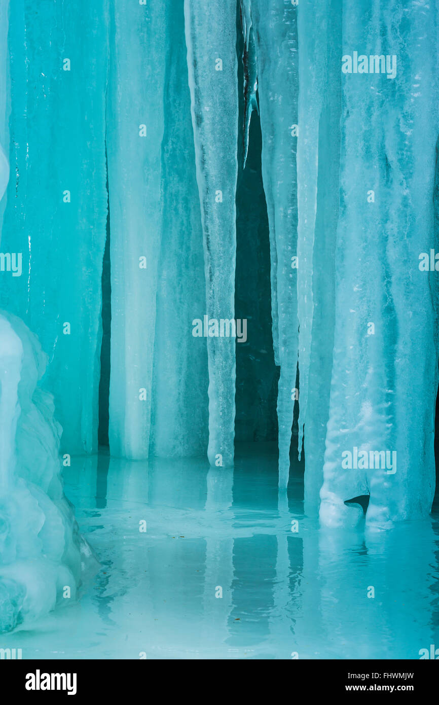 Backlit translucent ice in The Curtains ice formation in Pictured Rocks ...