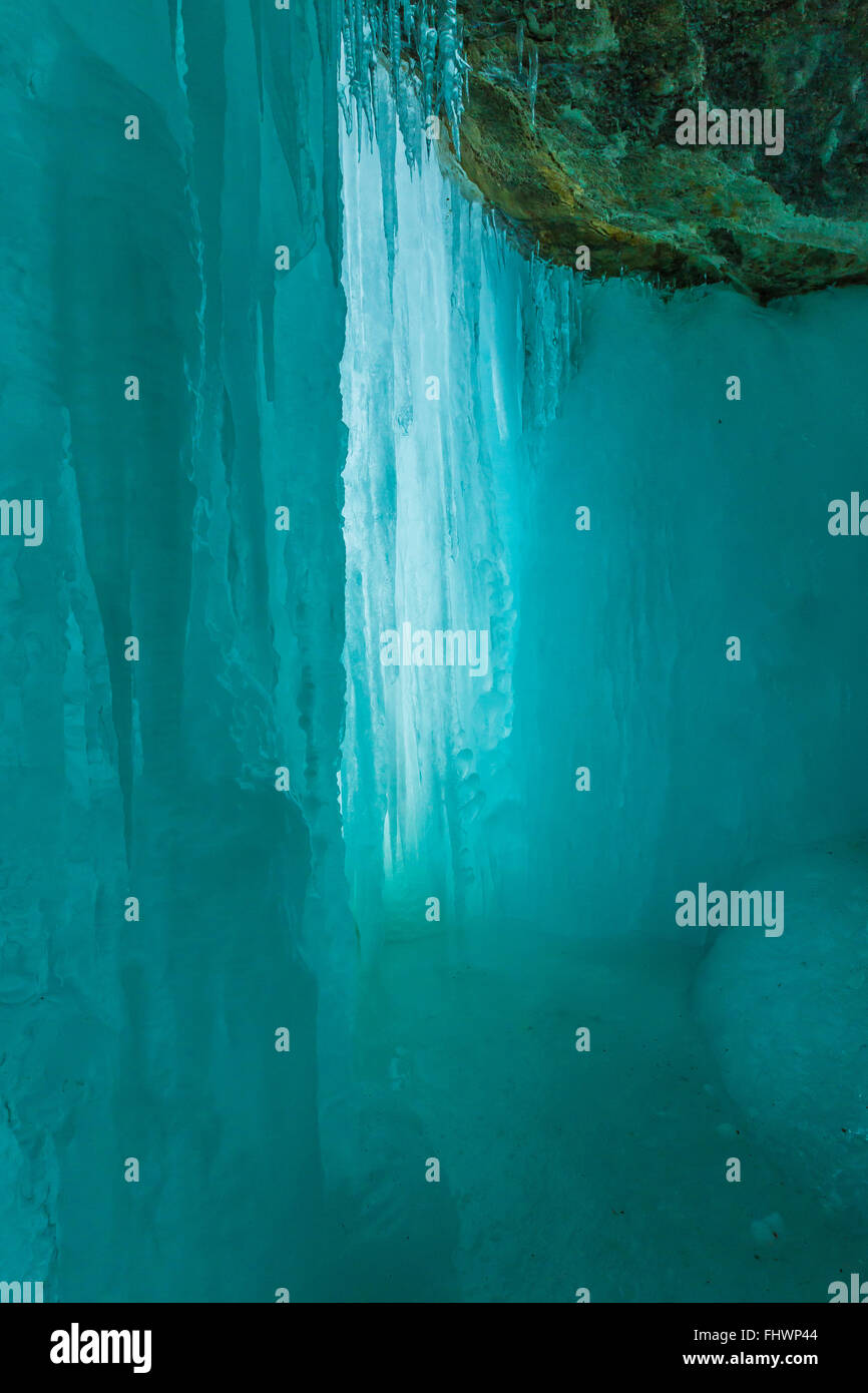 Backlit translucent ice in The Curtains ice formation in Pictured Rocks ...
