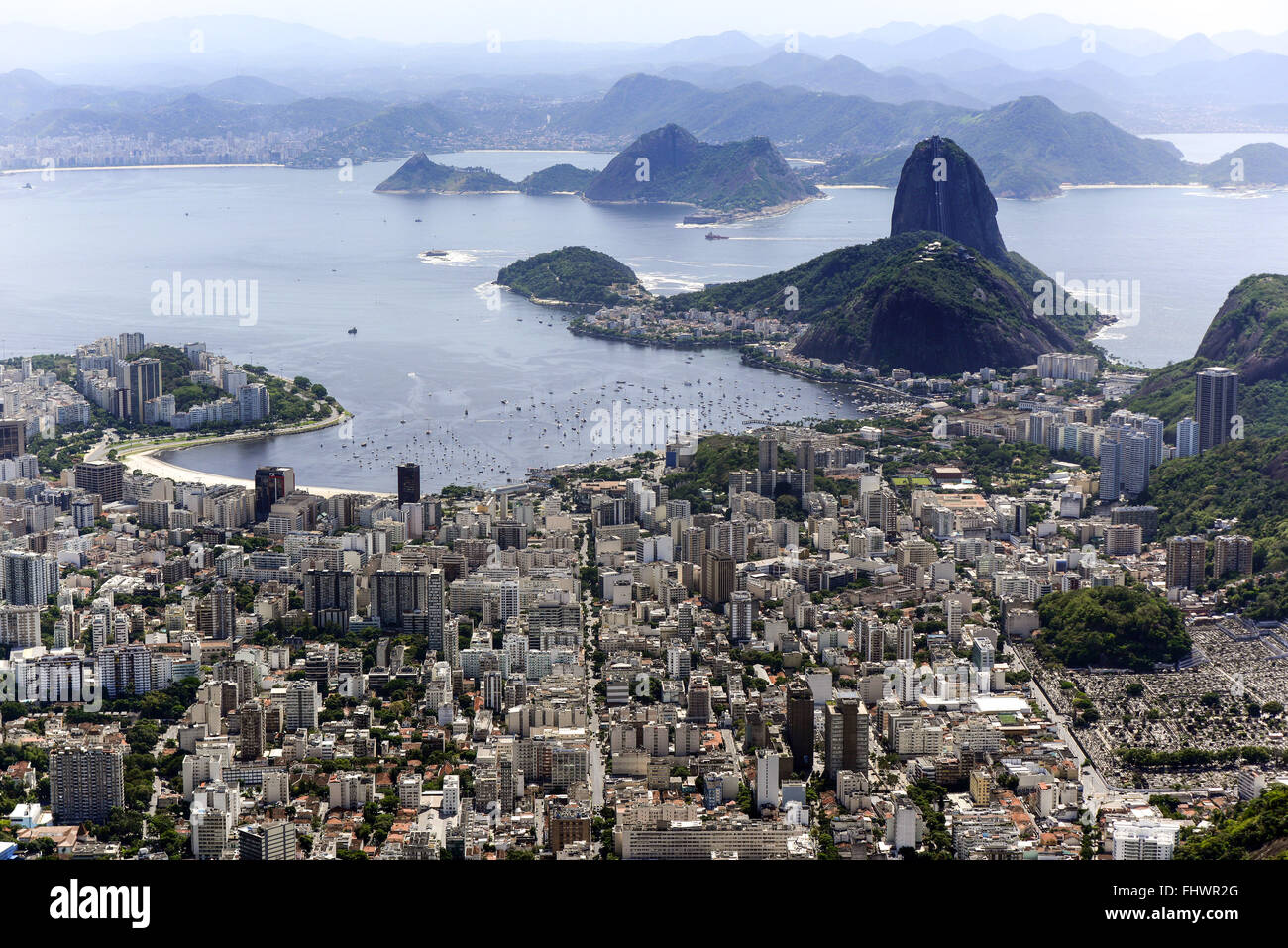 Aerial view of part of the Botafogo neighborhood with beach and cove of ...