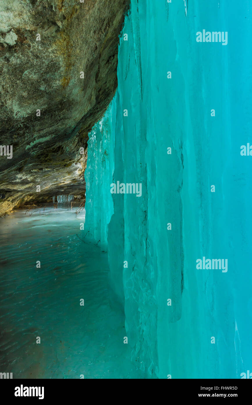 Backlit translucent ice in The Curtains ice formation in Pictured Rocks ...