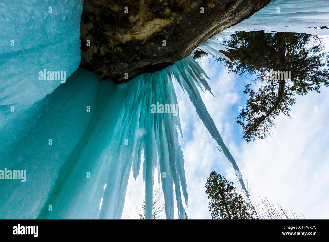 Backlit translucent ice in The Curtains ice formation in Pictured Rocks ...