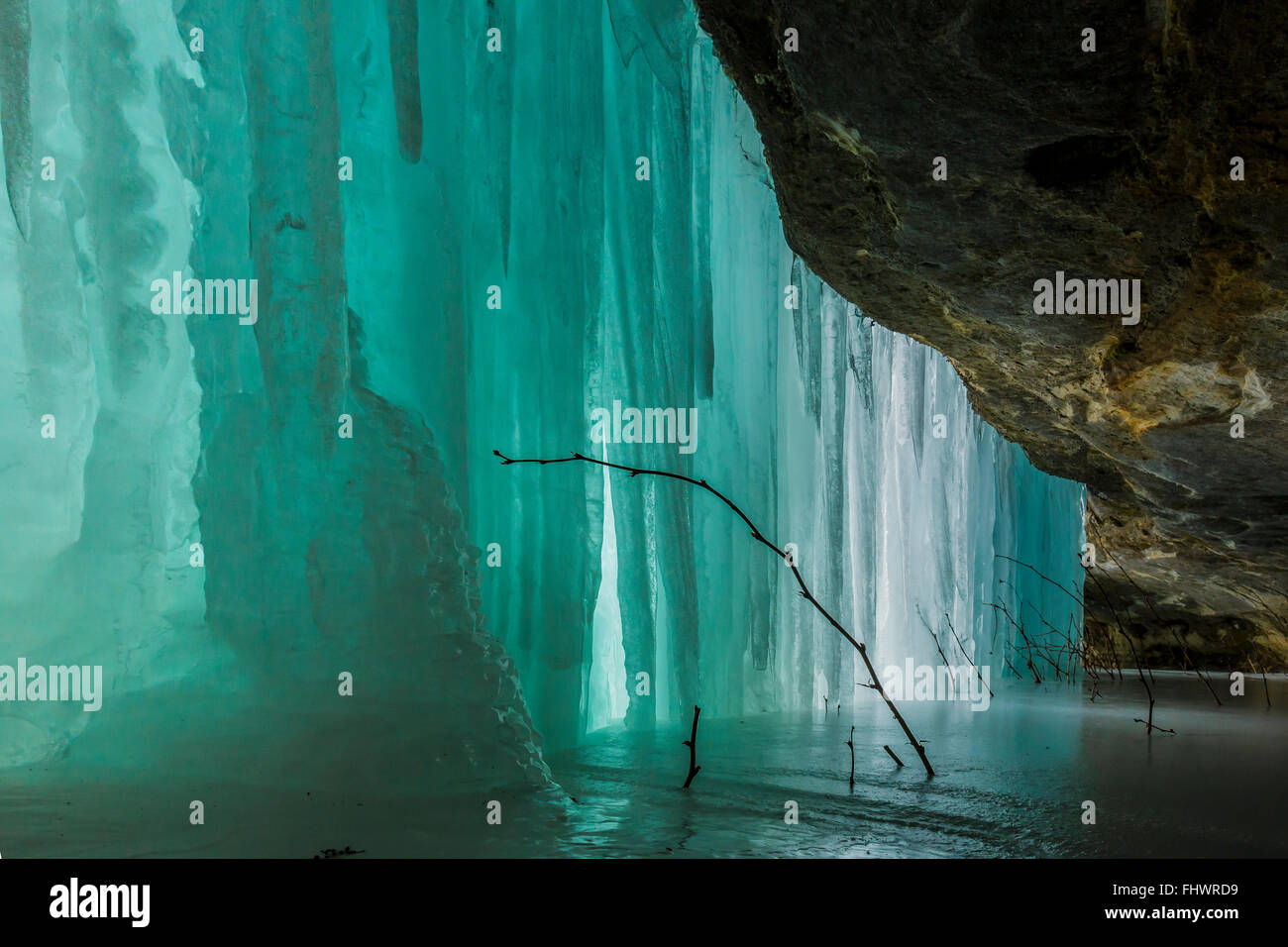 Backlit translucent ice in The Curtains ice formation in Pictured Rocks ...