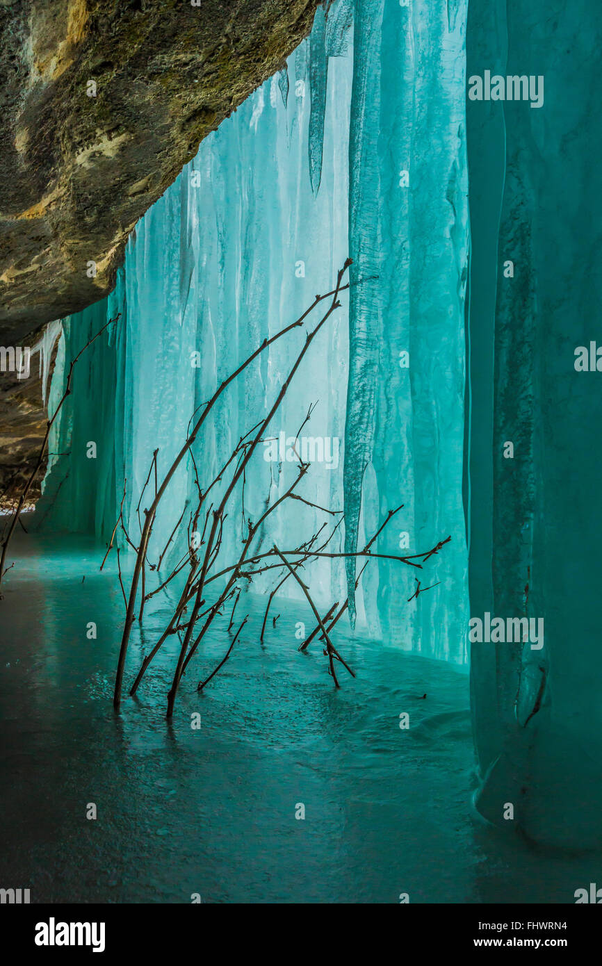 Backlit translucent ice in The Curtains ice formation in Pictured Rocks ...