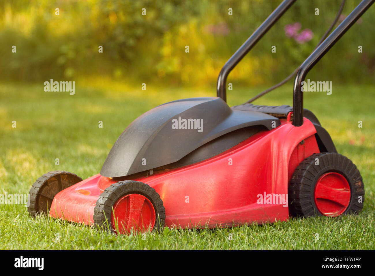 Red lawnmower on freshly cut lawn grass in a backyard Stock Photo - Alamy