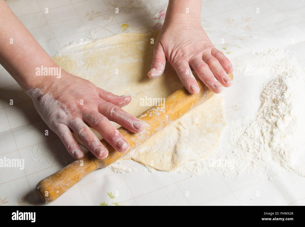 Making dough by female hands on white table background Stock Photo - Alamy