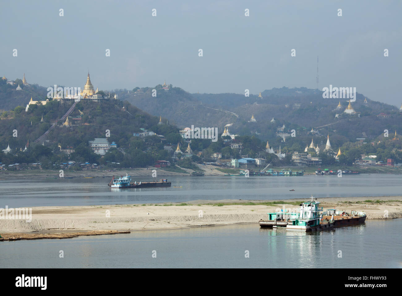 The Ayeyarwady River (Irrawaddy River) with temples in Saigain in the ...