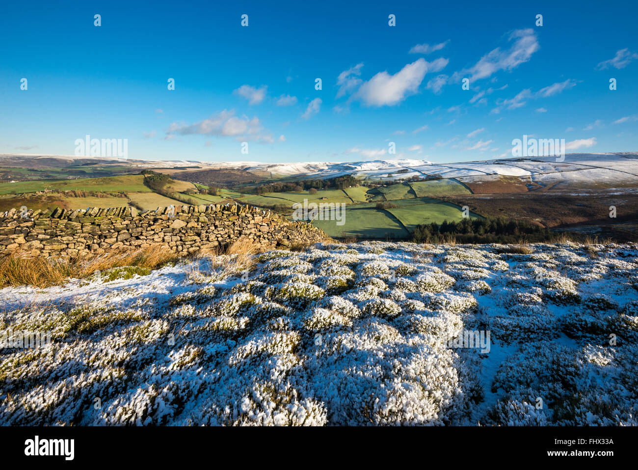Beautiful view of snow on high ground on the hills around Glossop in ...
