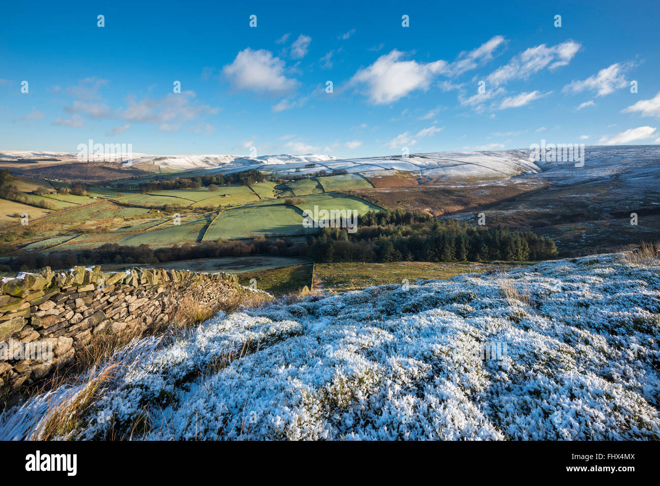 Beautiful view of snow on high ground on the hills around Glossop in ...