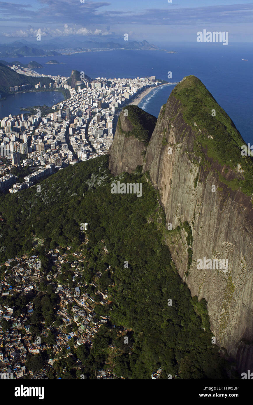 Aerial view of Morro Two Brothers with Rocinha slum in the hillside ...