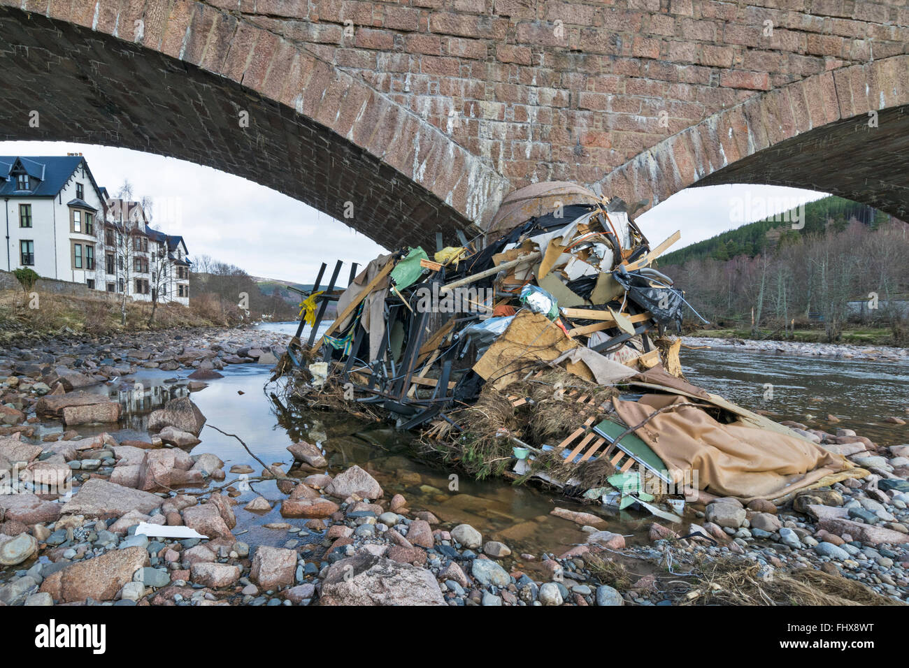 BALLATER ABERDEENSHIRE RIVER DEE FLOOD DAMAGE MOUND OF DEBRIS SWEPT ...