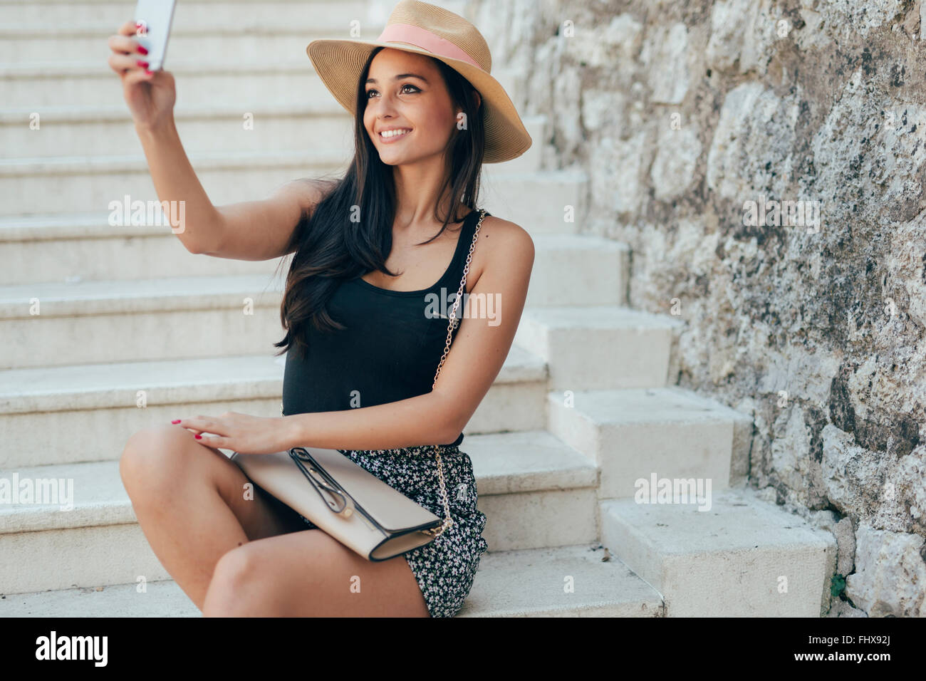 Woman Taking Picture Herself Camera High Resolution Stock Photography ...