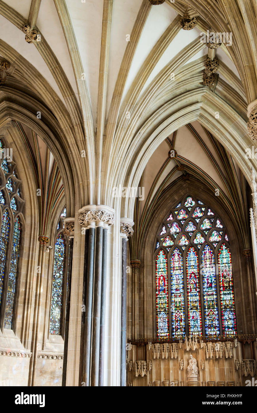 Wells Cathedral Lady Chapel stained glass and stellar vault ceiling ...