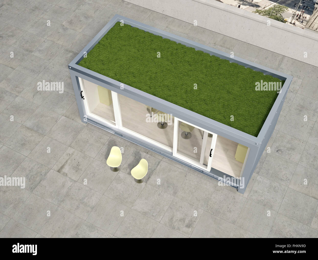 Office container on rooftop with chairs in front of conference room ...