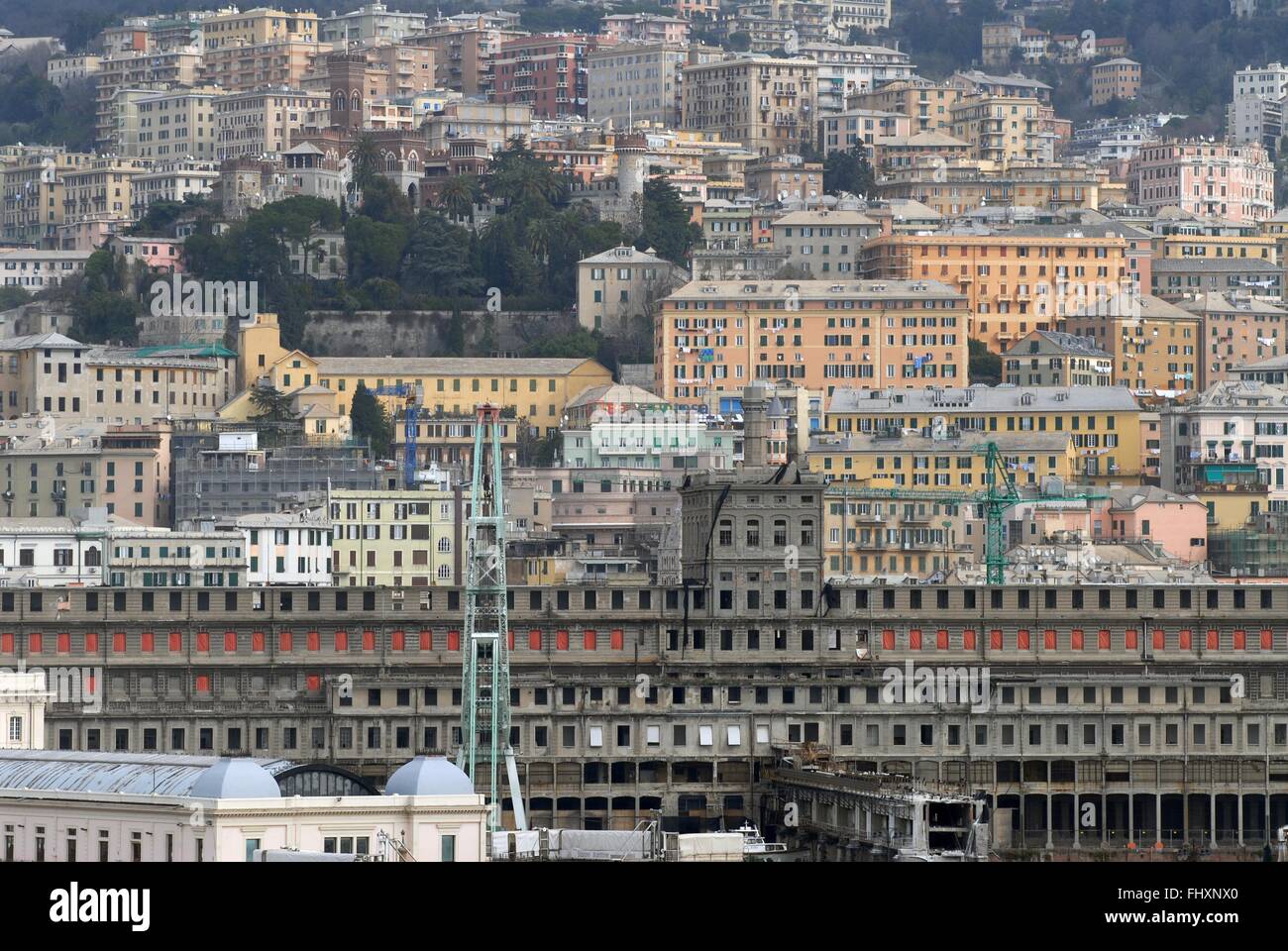 Italy, houses of Genoa town seen from the harbor Stock Photo - Alamy