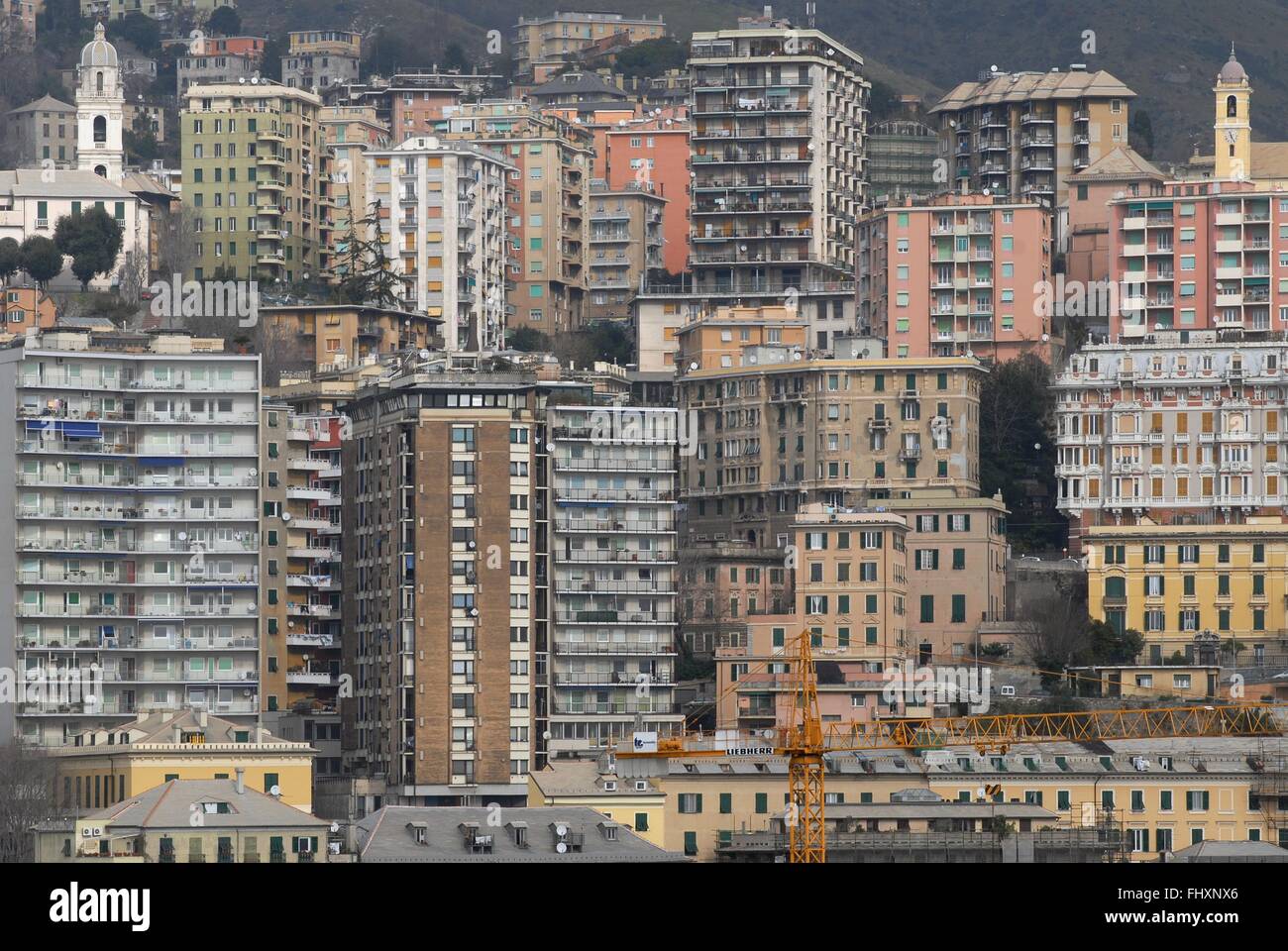 Italy, houses of Genoa town seen from the harbor Stock Photo - Alamy