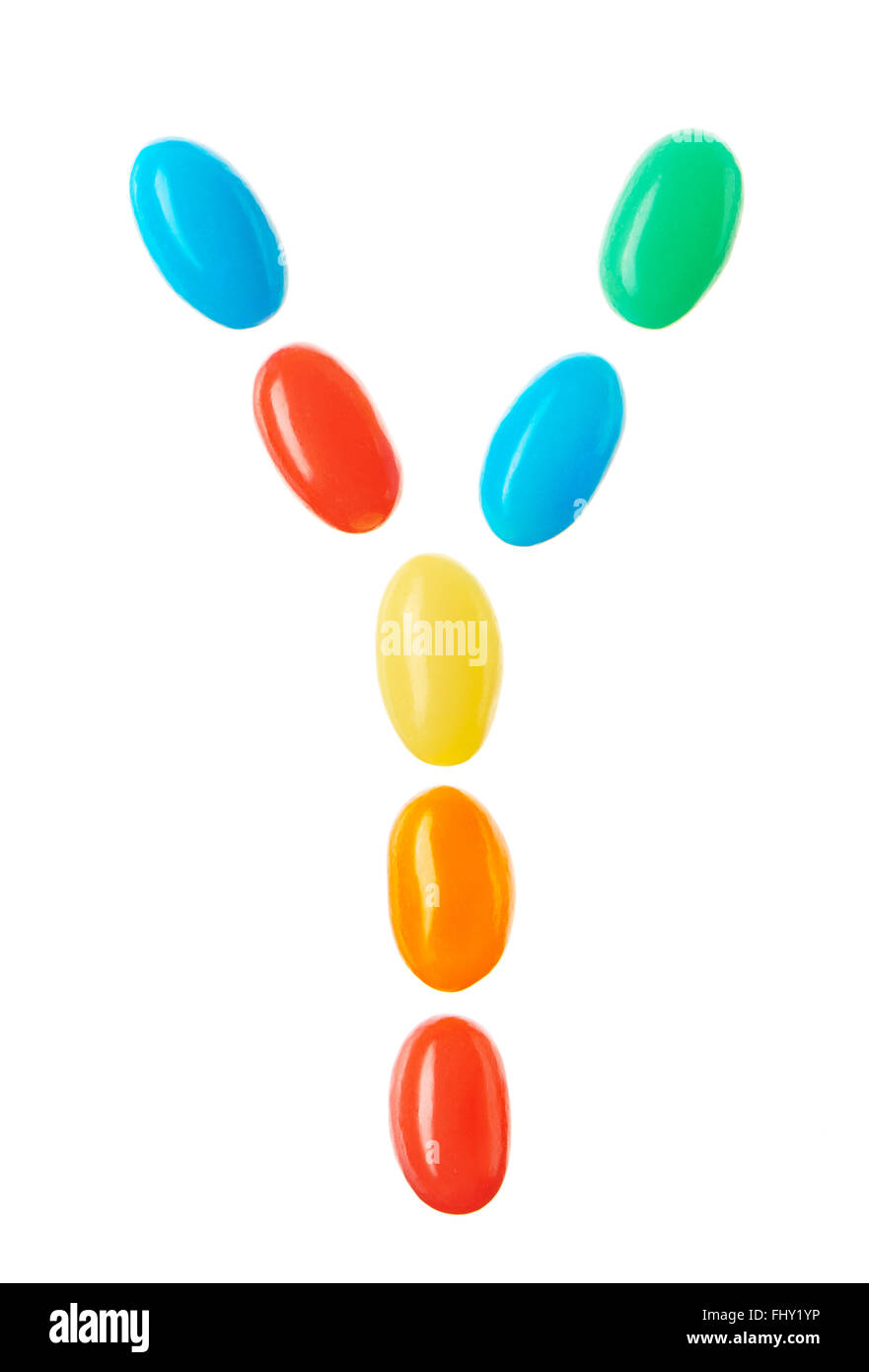 Y letter made of multicolored candies isolated on white background ...
