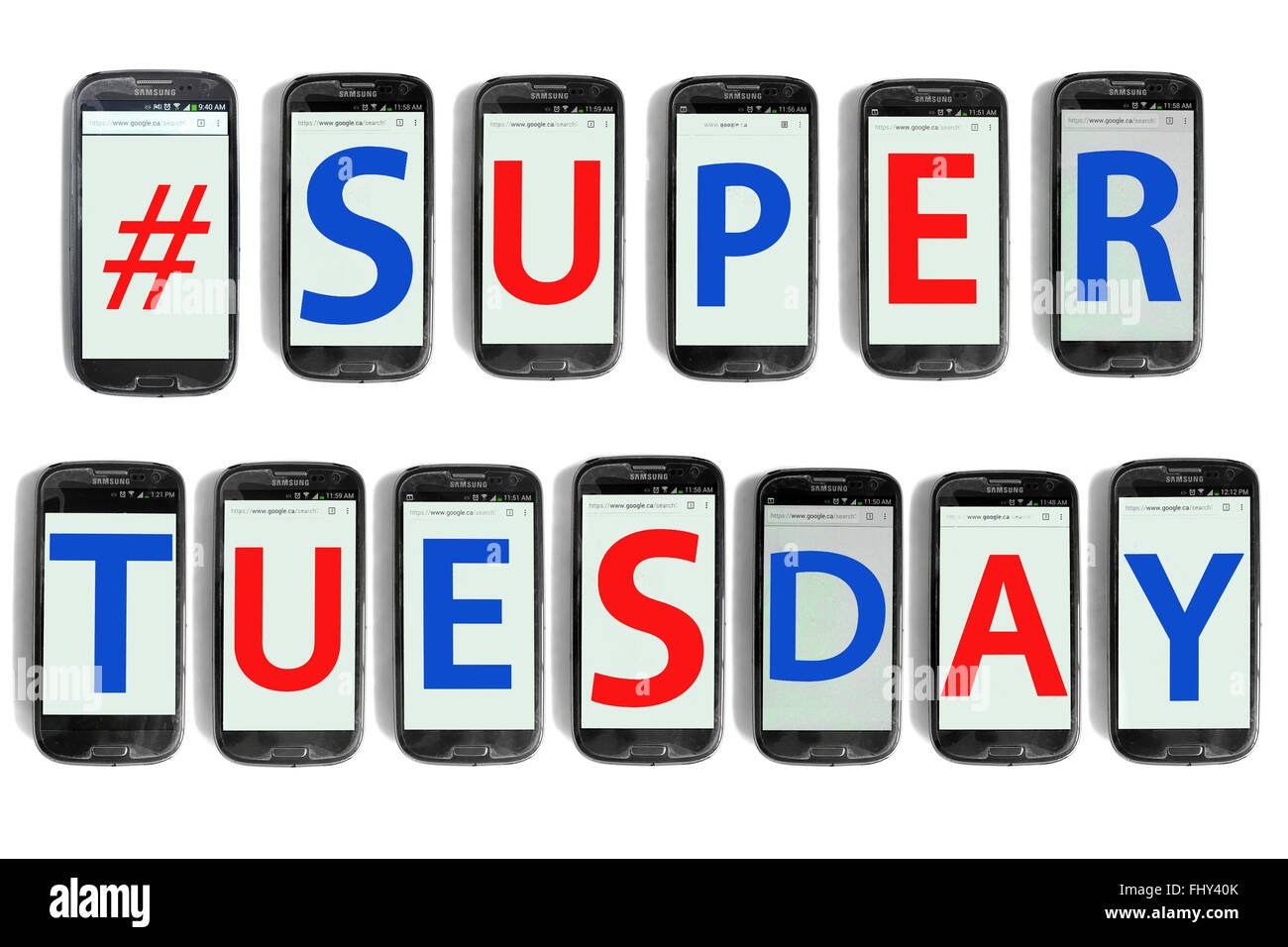 #SuperTuesday written on the screens of smartphones photographed ...