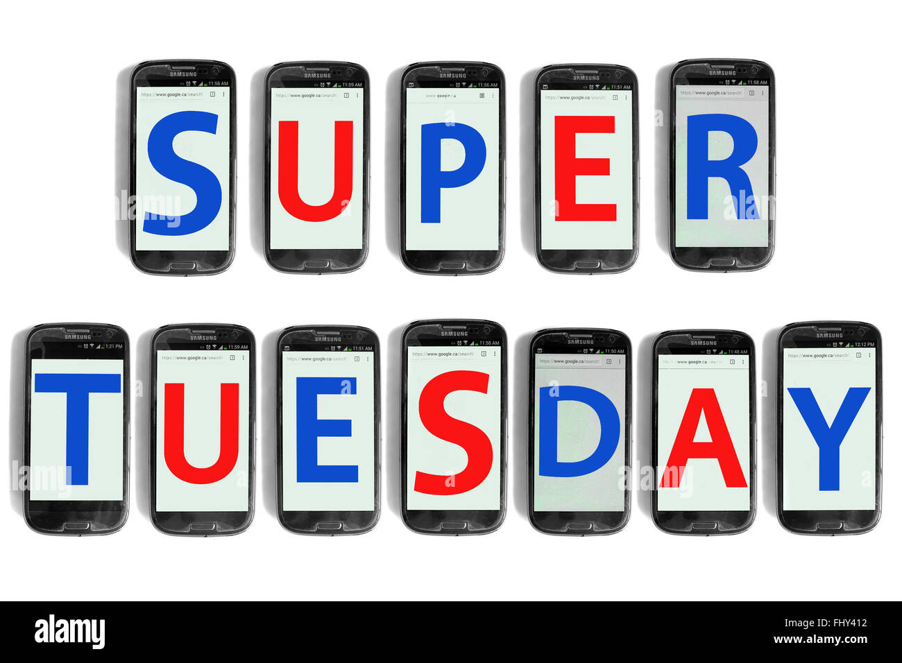 Super Tuesday written on the screens of smartphones photographed ...