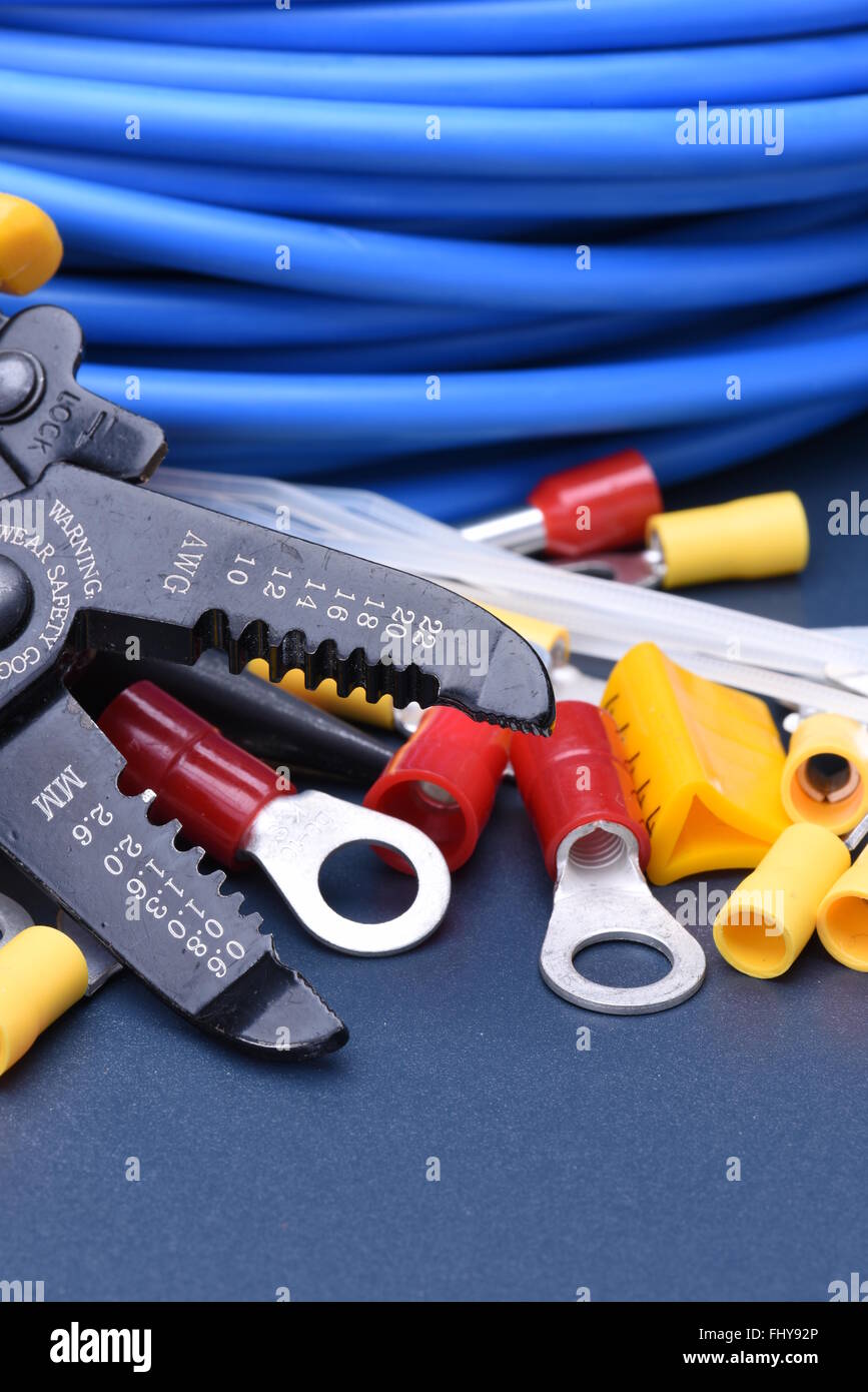 Tools for electrician and cables on metal surface Stock Photo - Alamy
