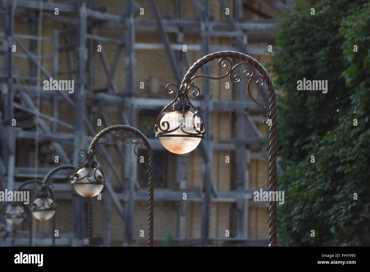 Street lights on the background of scaffolding. Street lighting Stock ...