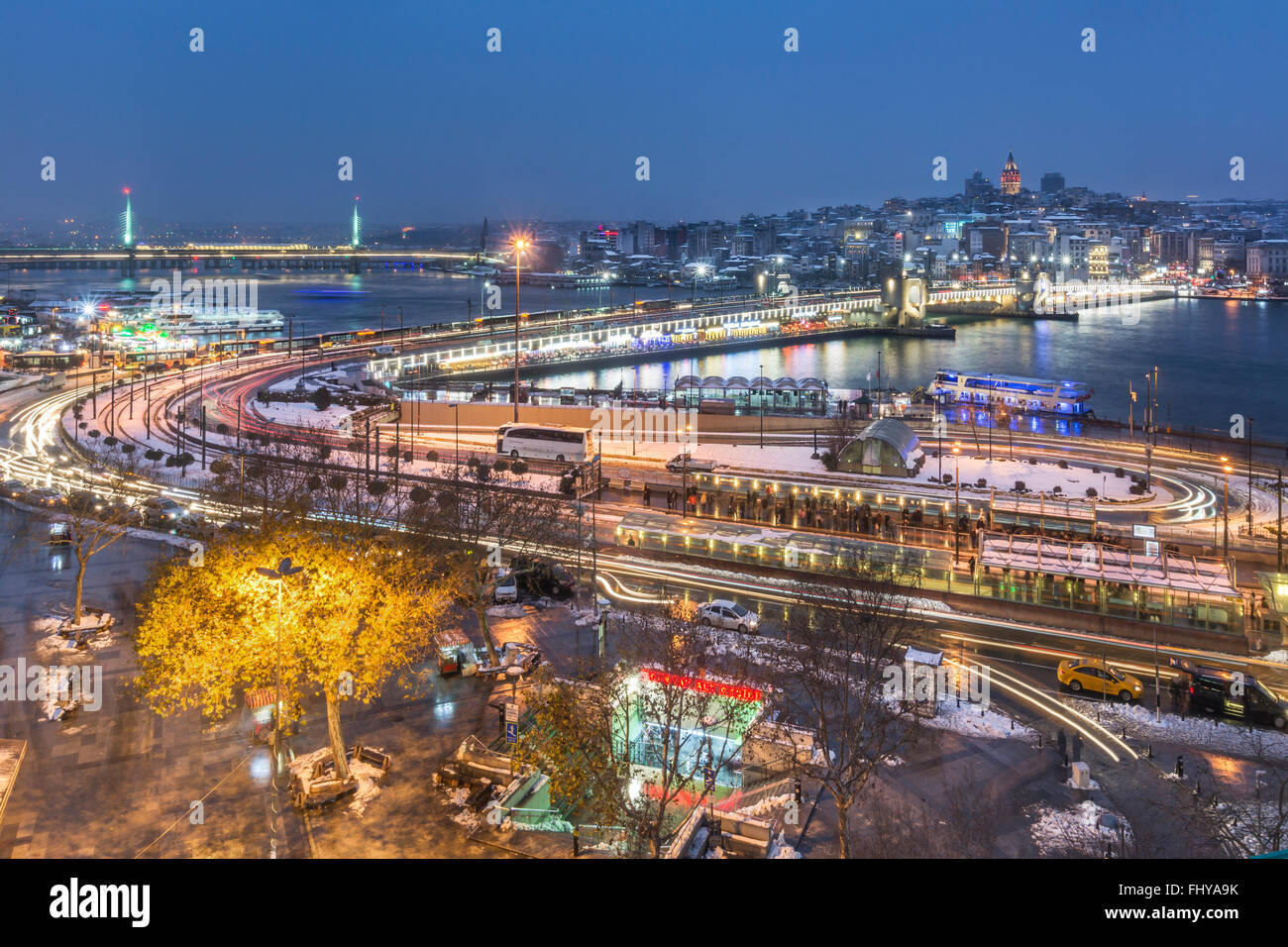 Galata Bridge,Galata Tower and Eminonu square at blue hour in Istanbul ...