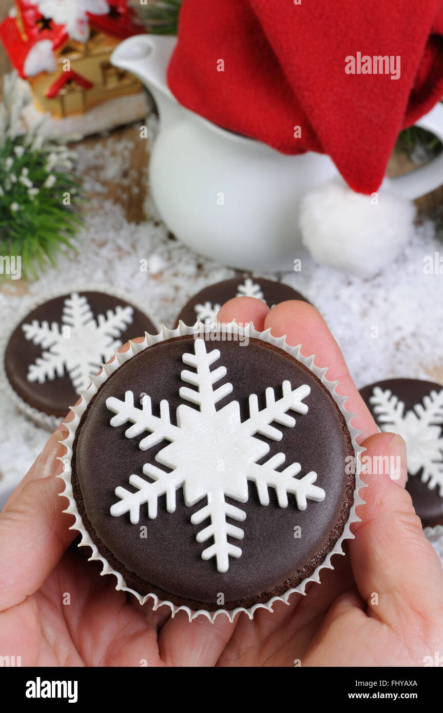 Chocolate Christmas Muffins decorated with marzipan pearl snowflake ...
