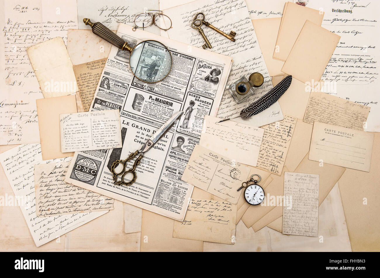 Vintage office tools, old letters, newspapers and postcards Stock Photo ...