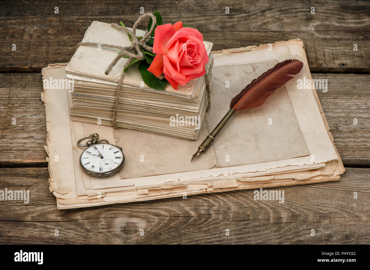 Old love letters and red rose flower. Vintage sentimental background ...